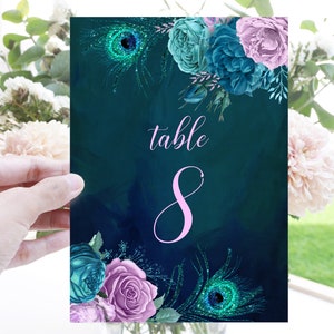Teal Wedding Table Numbers,peacock Theme Table Numbers,teal Blush Table ...