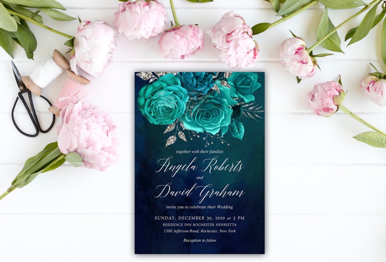 Teal Wedding Invitation Teal Silver Printable Floral Invite - Etsy