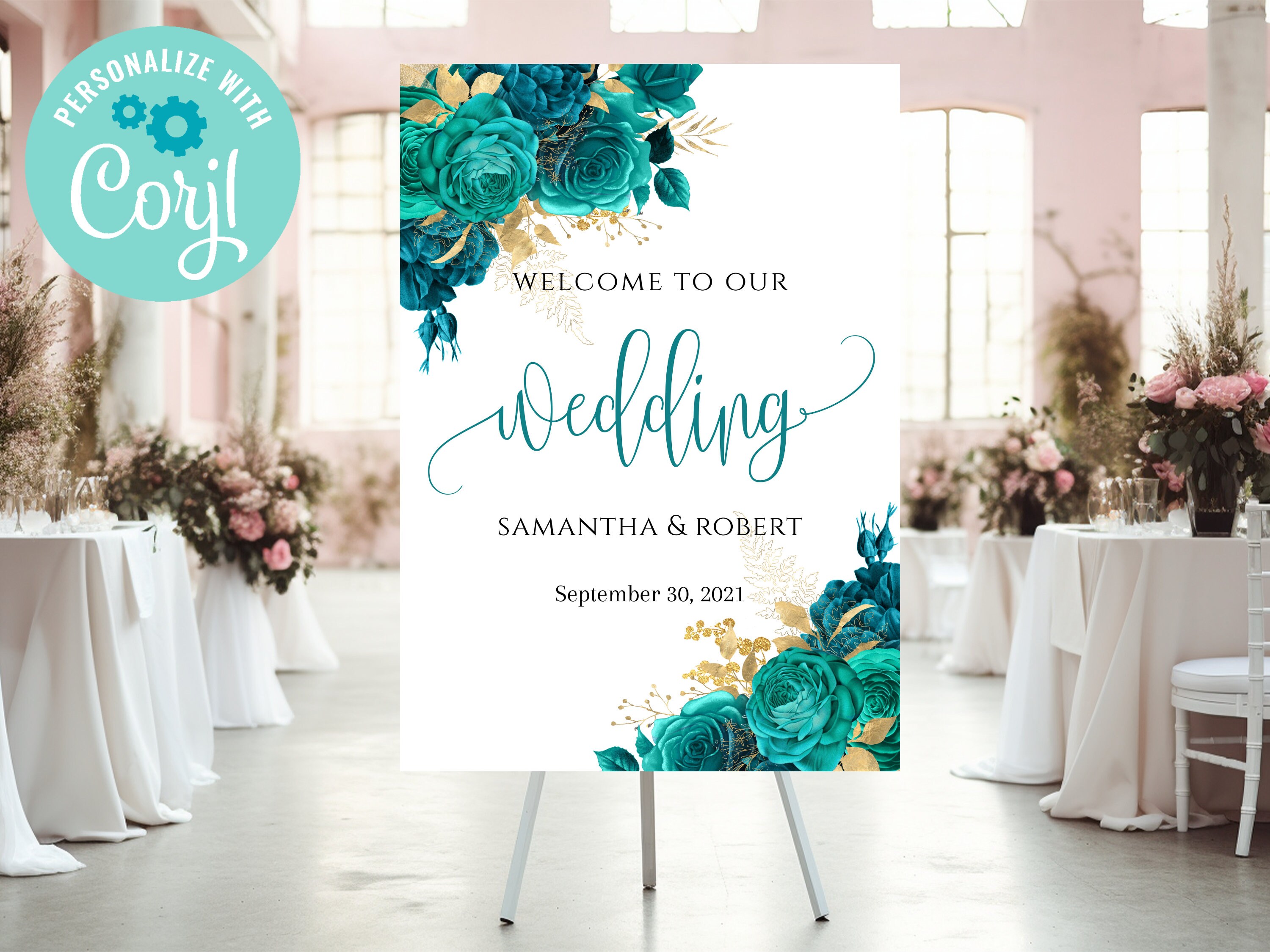 Teal Gold Welcome Sign, Welcome Sign Template, Welcome Template, Teal ...
