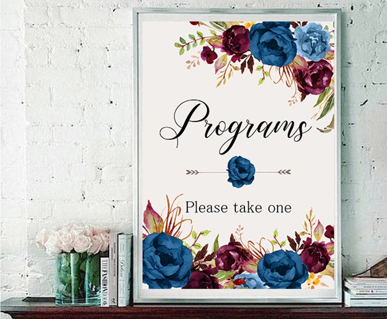 Programs Wedding Sign Digital Floral Blue Burgundy Peonies | Etsy