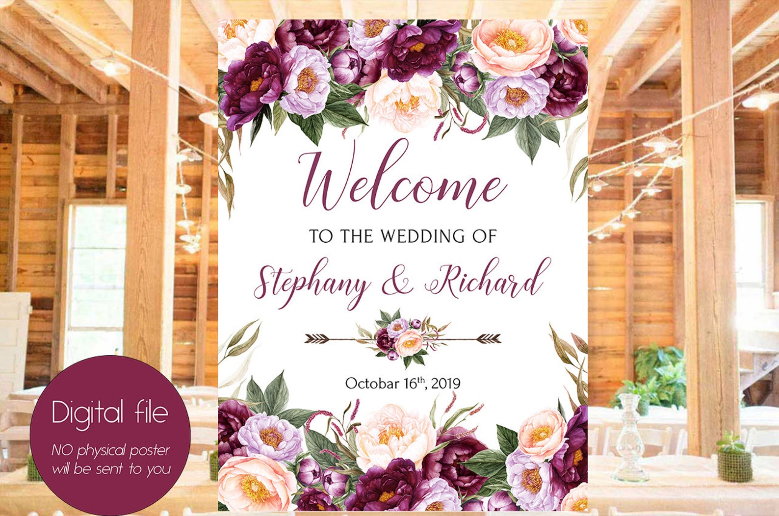 Welcome Wedding Signpurple Violet Peach Boho Peonies Welcome | Etsy
