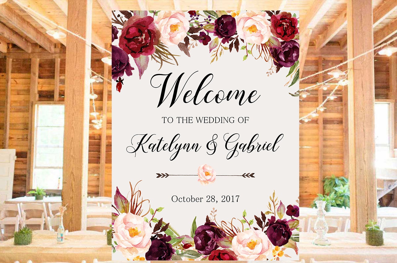 Welcome Wedding SignWedding decorationBurgundy | Etsy