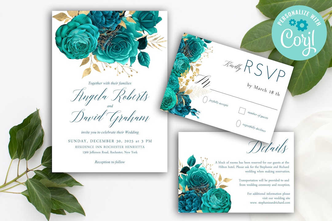 Teal Gold Wedding Invitation Suite,teal Editable Invitation,teal Gold ...
