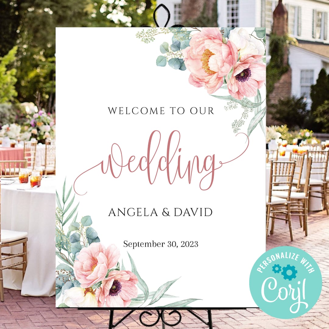 Blush Floral Wedding Welcome Sign, Wedding Welcome Template, Eucalyptus ...