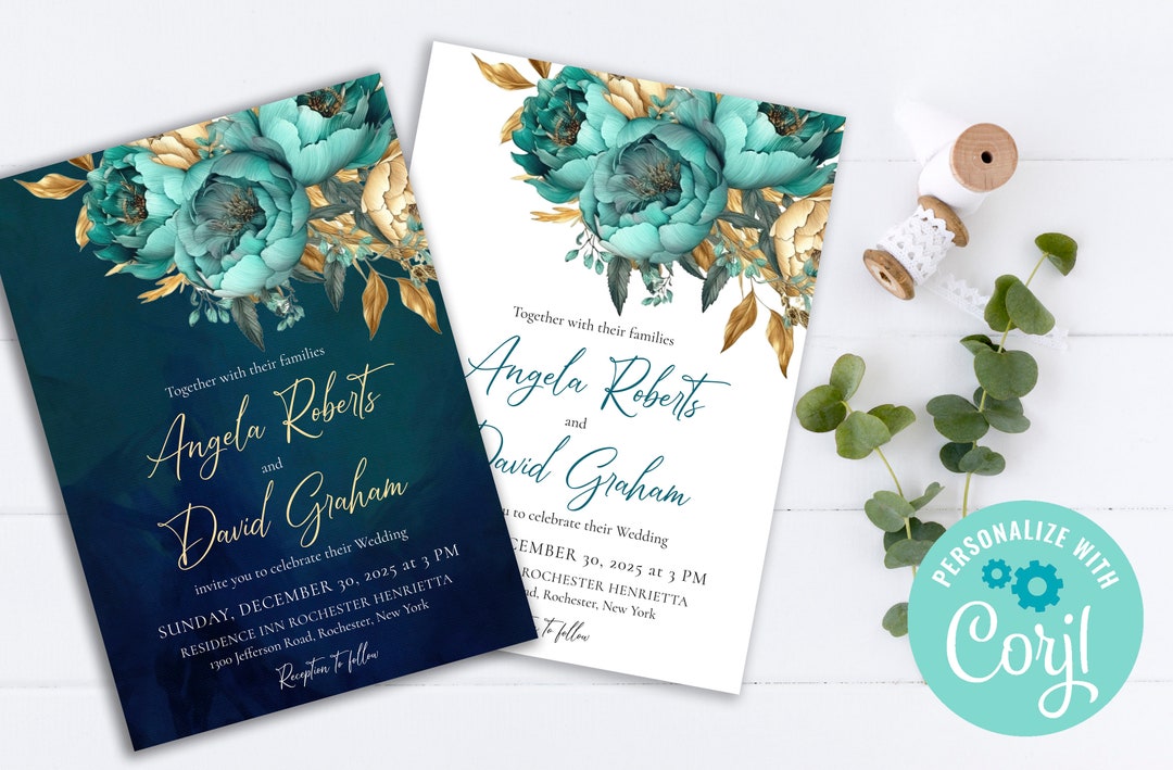 Teal Gold Wedding Invitation, Instant Editable Invitation, Teal Gold ...