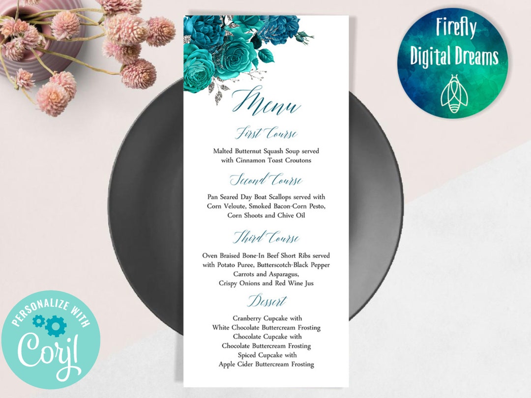 Teal Green Printable Menu, Teal Floral Menu, Wedding Teal Green ...