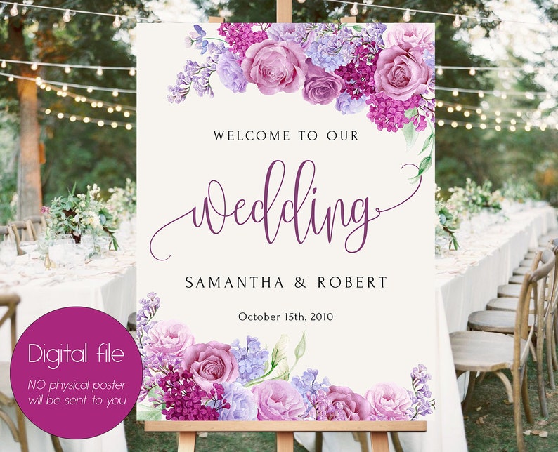 Welcome Wedding SignPink Blush Purple Violet rosesDigital | Etsy