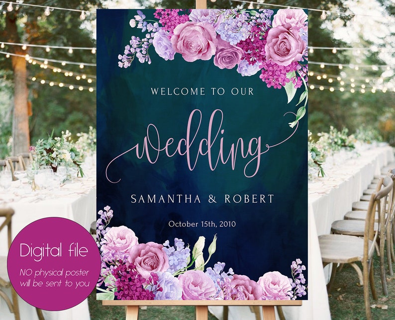 Welcome Wedding Signpurple Pink Blush Violet Rosesdigital - Etsy