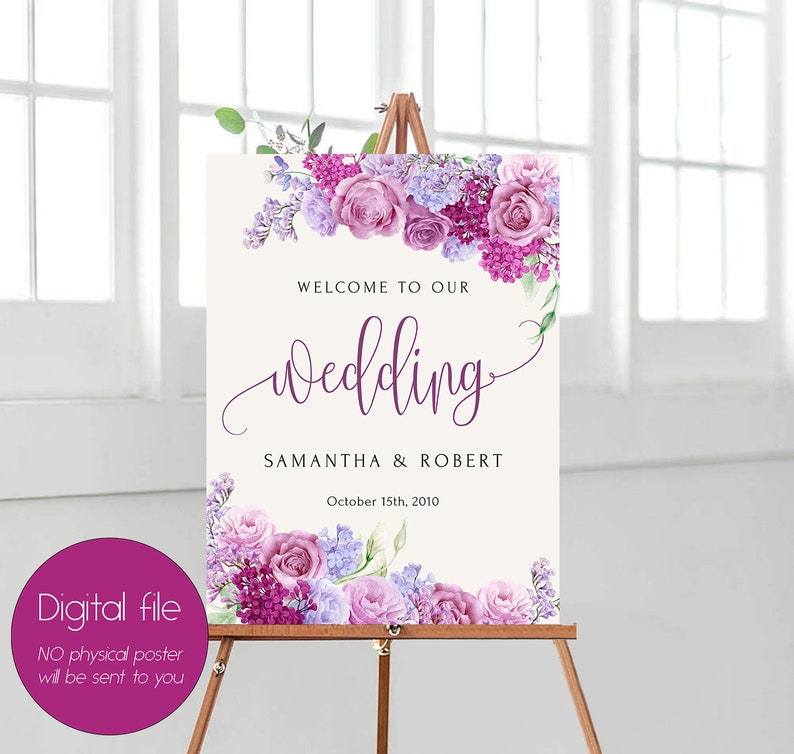 Welcome Wedding Signpink Blush Purple Violet Rosesdigital - Etsy