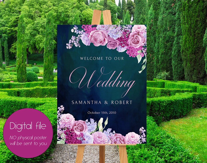 Welcome Wedding Signpurple Pink Blush Violet Rosesdigital - Etsy
