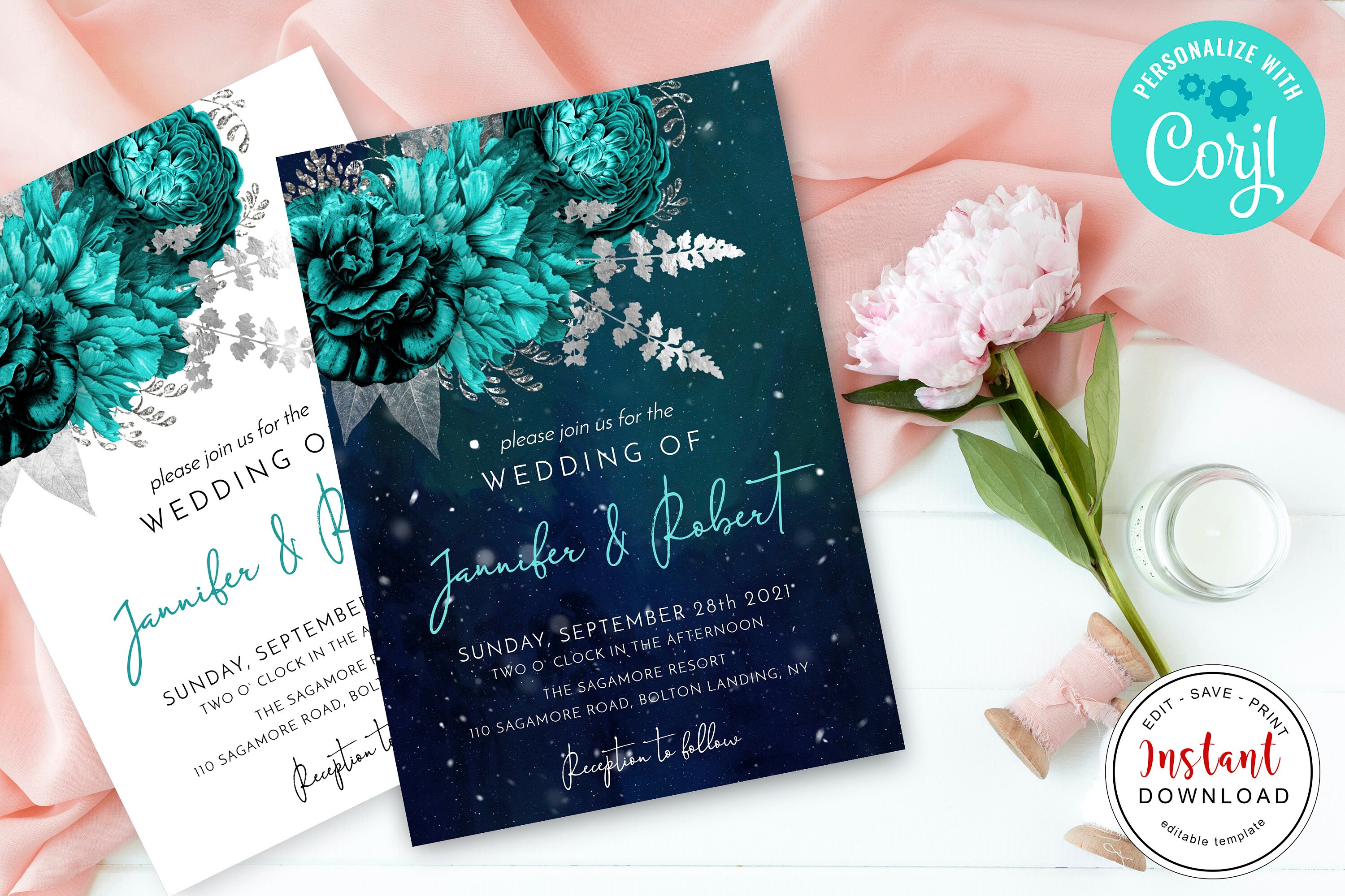Teal Silver Wedding Invitation Suite Teal Invitation Suite - Etsy