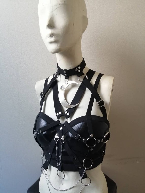 Faux Leather Harness Top moon Vegan Leather Corset Crop Top Biker Woman Crescent Moon Pedantno Elastic Harness Etsy Hong Kong