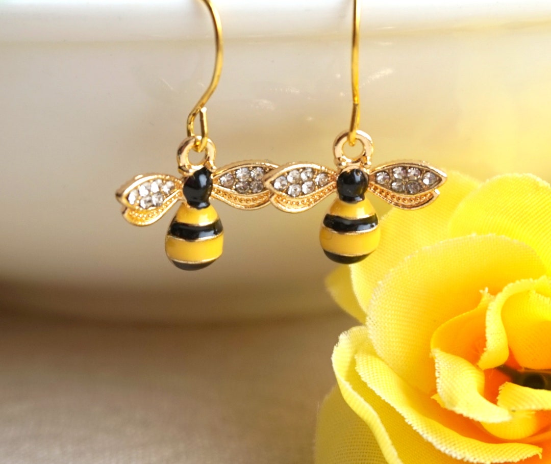 Bee Gold Earrings / Dangle Bee Earrings With Rhinestones / - Etsy.de