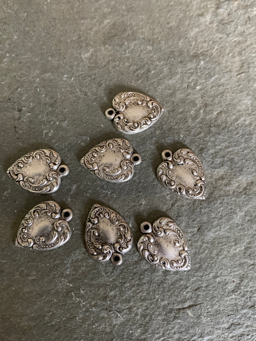 7 Silver Colored Metal Heart Charms With Raised Scroll Design - Etsy