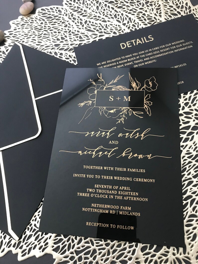 Black Acrylic Gold Wedding Invitation Clear Perspex Modern - Etsy