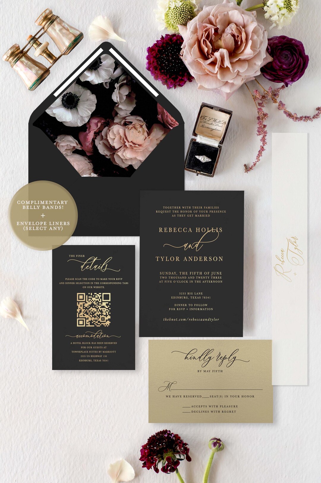 Printed QR Code Wedding Invitation Cardstock White Black Gold Elegant ...