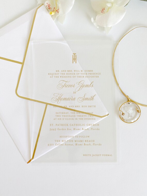 Paper Invitations modern clear wedding invite botanic calligraphy ...