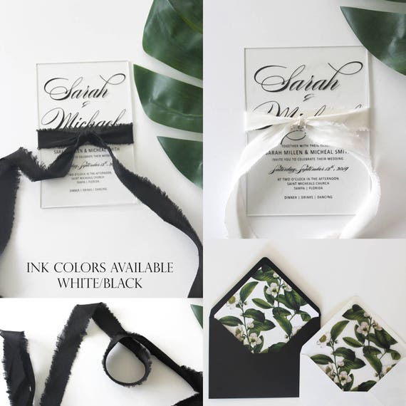 Transparent Acrylic WEDDING INVITATION silk ribbon white black | Etsy