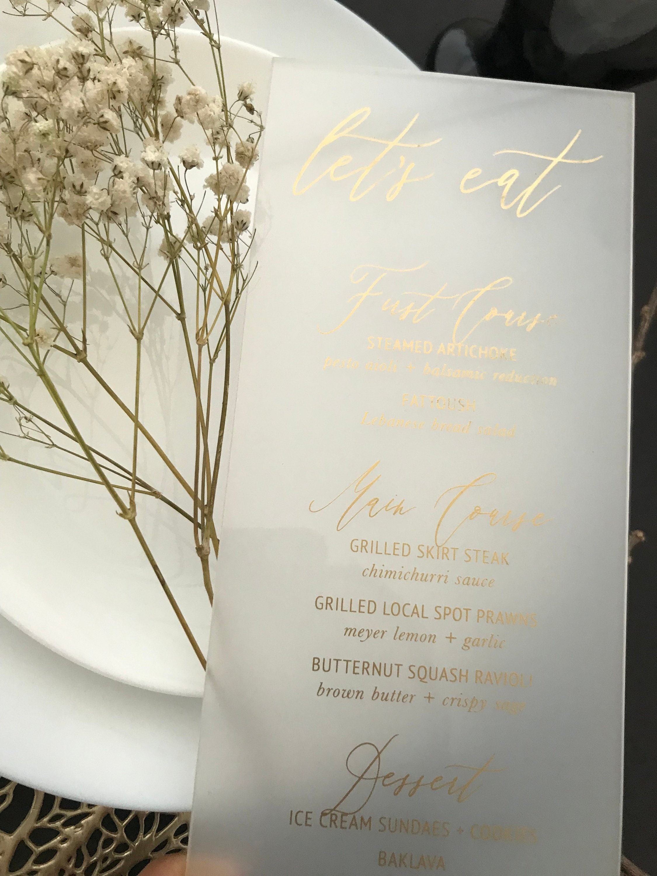 Party Décor Clear or Frosted Acrylic menu wedding black white gold ...