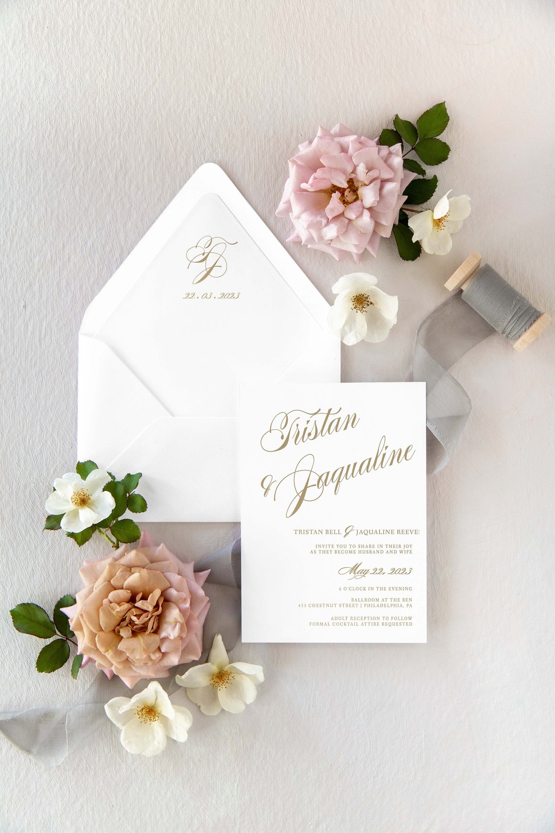 Printed Wedding Invitation Thick Cardstock White Black Gold Ink Elegant ...