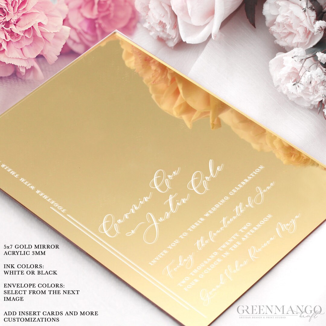 Gold Mirror Acrylic Wedding Invitation Elegant Black Unique Invites ...