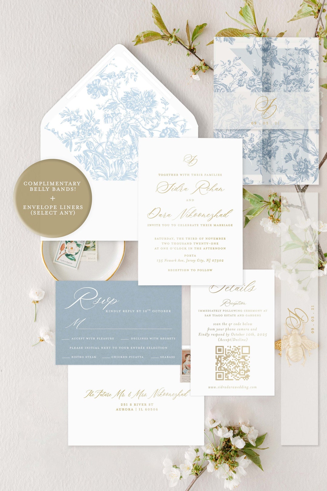 Floral Cardstock Dusty Blue Invitation Minimalist Wedding French Blue ...