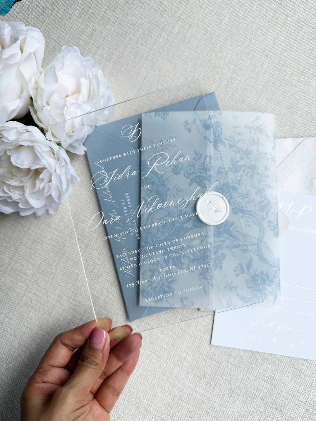 Clear Acrylic Wedding Invite Dusty Blue French Wedding Invitation QR ...