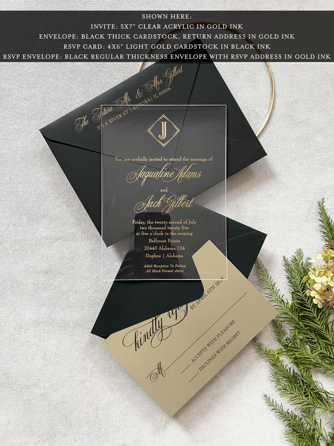 Clear Acrylic Invitation Weddings Plexiglass Black Gold Luxury Black ...