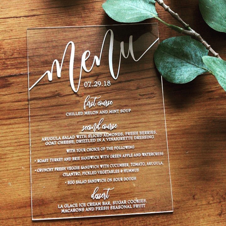 Party Décor Clear or Frosted Acrylic menu wedding black white gold ...