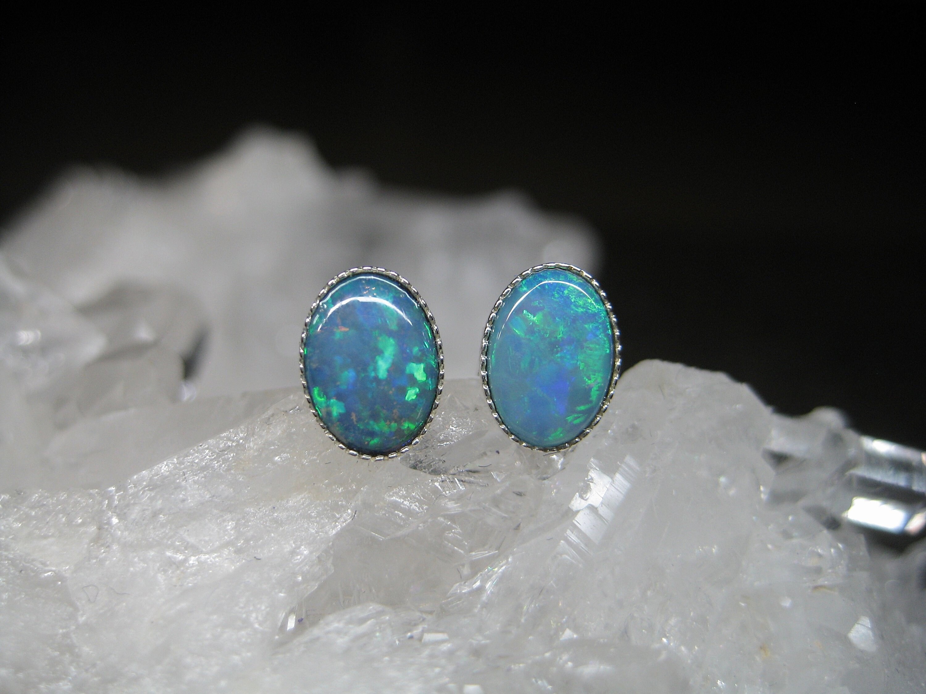 Crystal Opal Earrings 0.8 ct., Real Australian Opals, Green Blue Opal ...