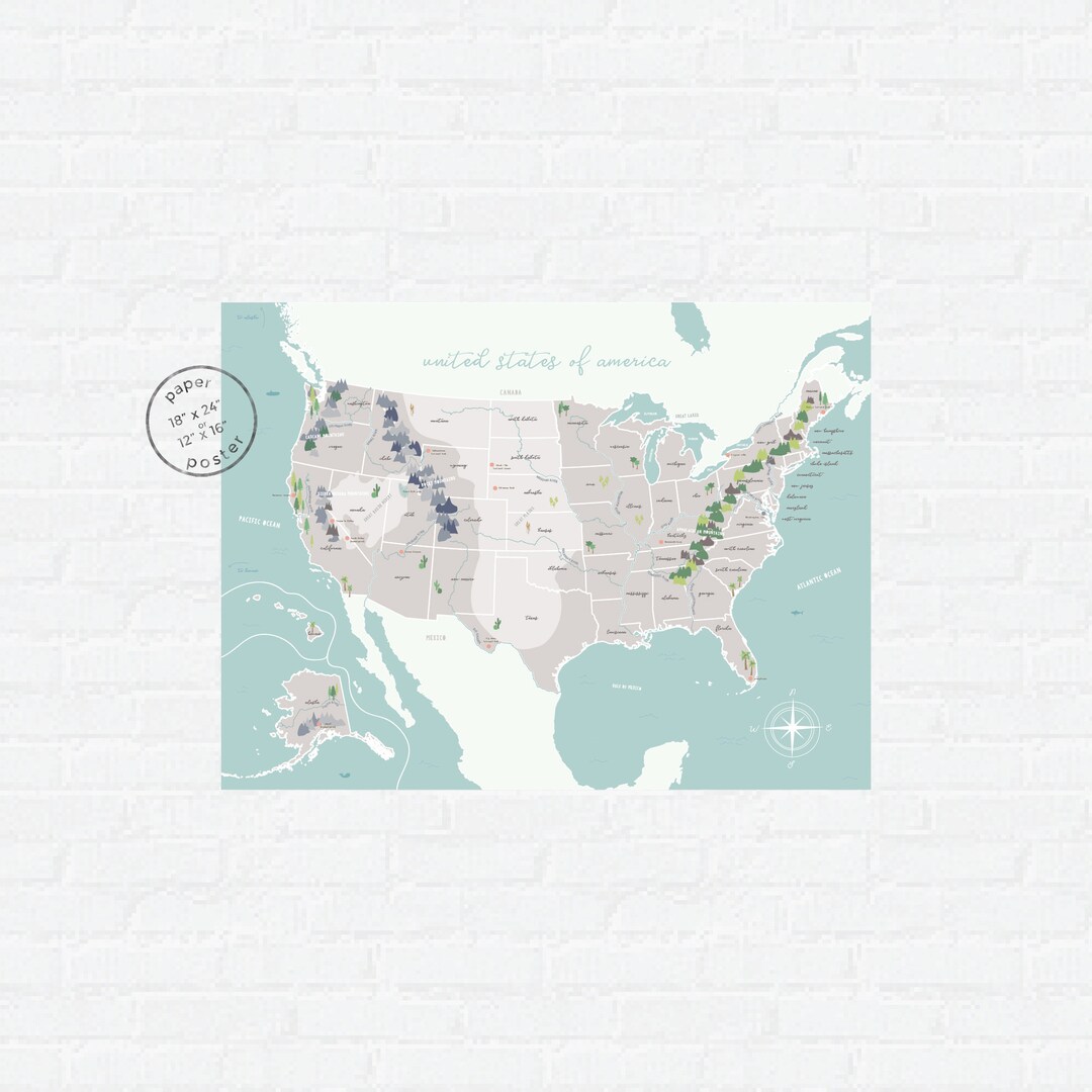 Illustrated US Map Homeschool Classroom Decor Map of the - Etsy