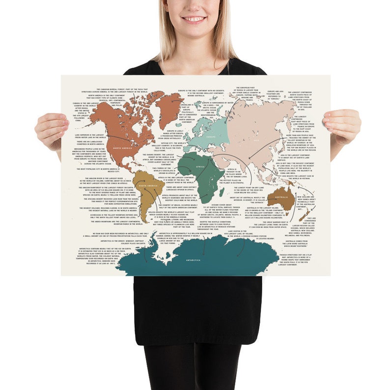 Geography Facts World Map Poster Continents and Oceans | Extra Large ...