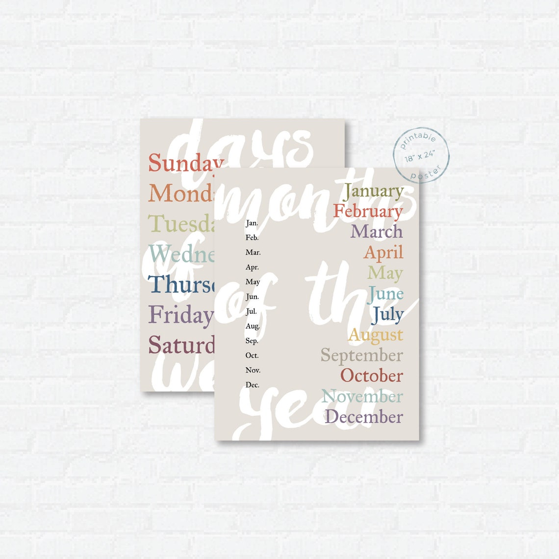 Days & Months Printable Poster Bundle Classroom or Homeschool Poster ...