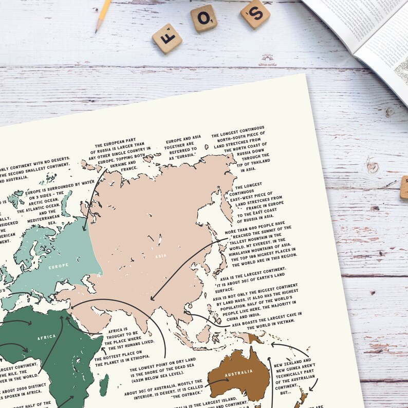 Geography Facts World Map Poster Continents and Oceans | Extra Large ...