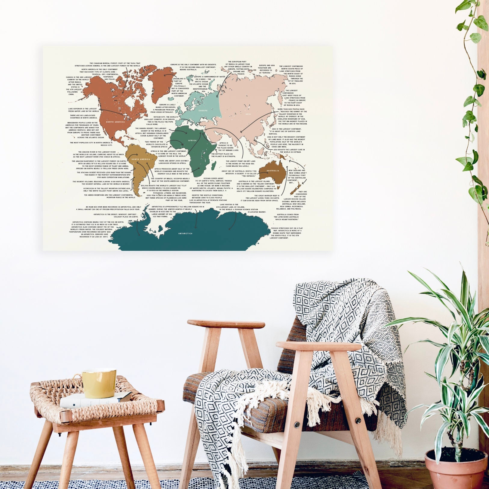 Geography Facts World Map Poster Continents and Oceans | Extra Large ...