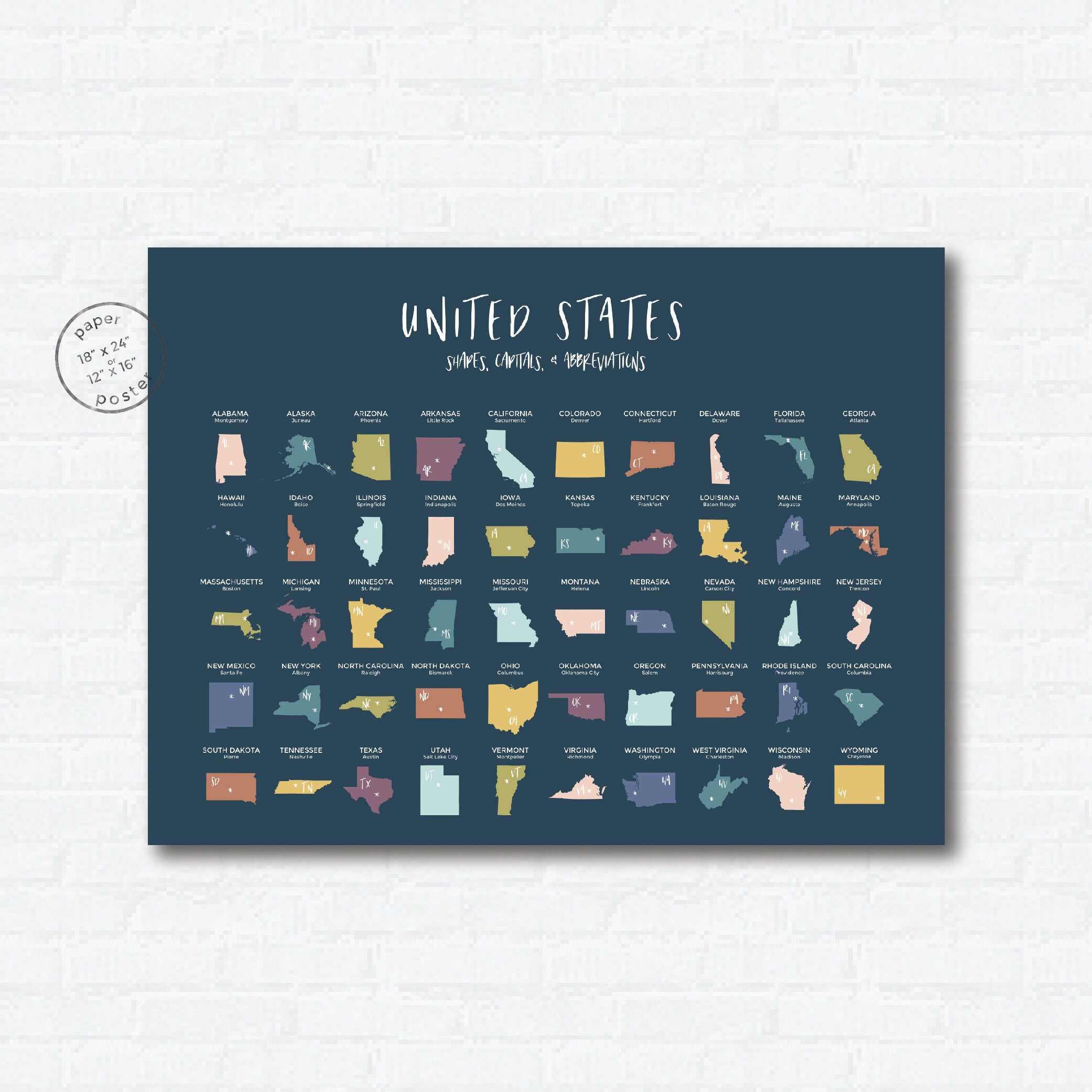 50 States & Capitals Paper Poster Print | United States Classroom Decor ...