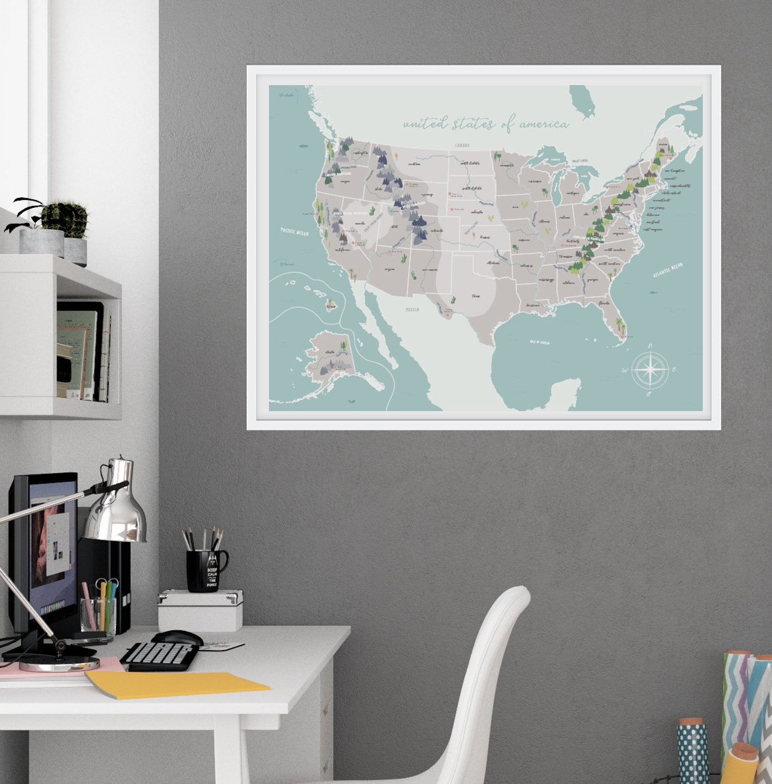 Illustrated US Map Homeschool Classroom Decor Map of the United States ...