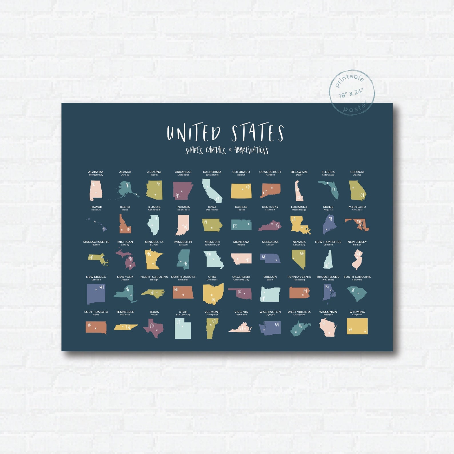 United States and Capitals Printable Classroom Poster | 50 States ...