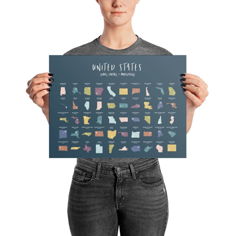 50 States & Capitals Paper Poster Print | United States Classroom Decor ...