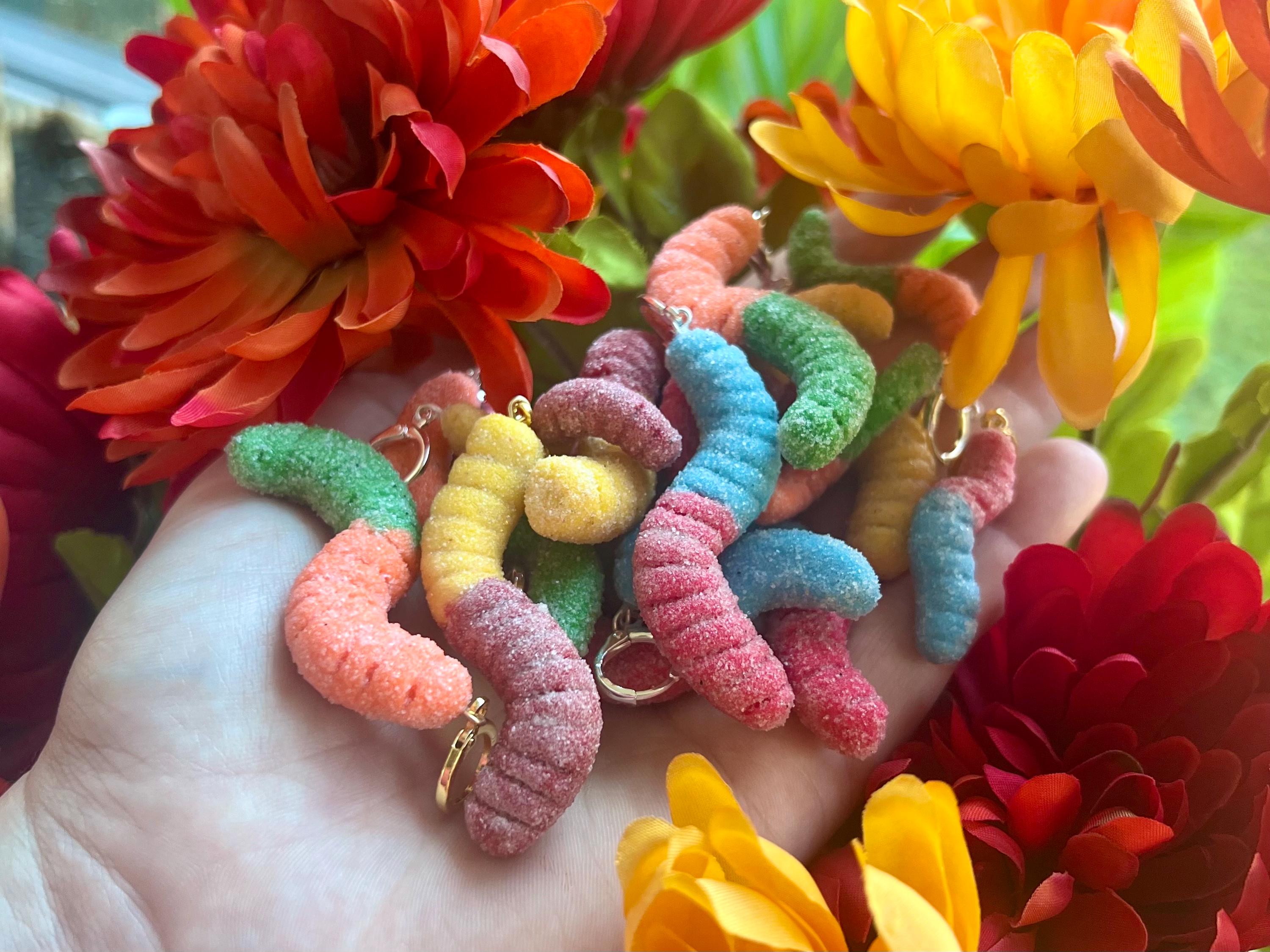 Sour Gummy Worm Huggies Earrings: Handmade Polymer Clay Candy Earrings ...
