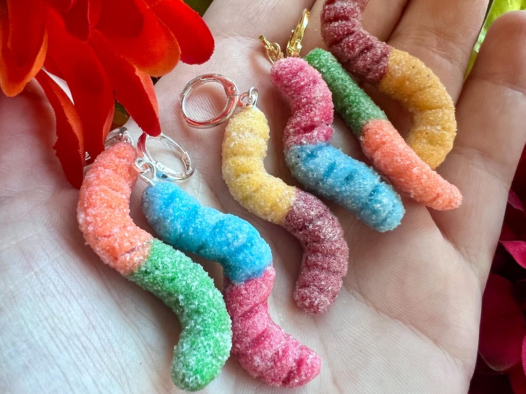 Sour Gummy Worm Huggies Earrings (one Pair) ;handmade Polymer Clay ...