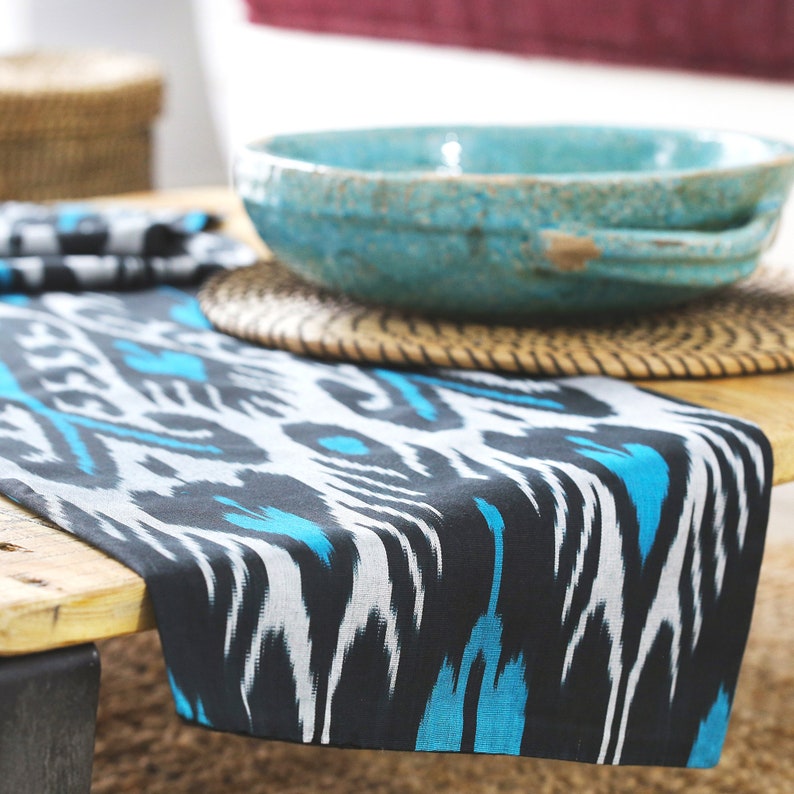 Colorful Boho Uzbek Silk Ikat Table Runner - Turquoise, Black & Silver Gray Bohemian Long Table ...