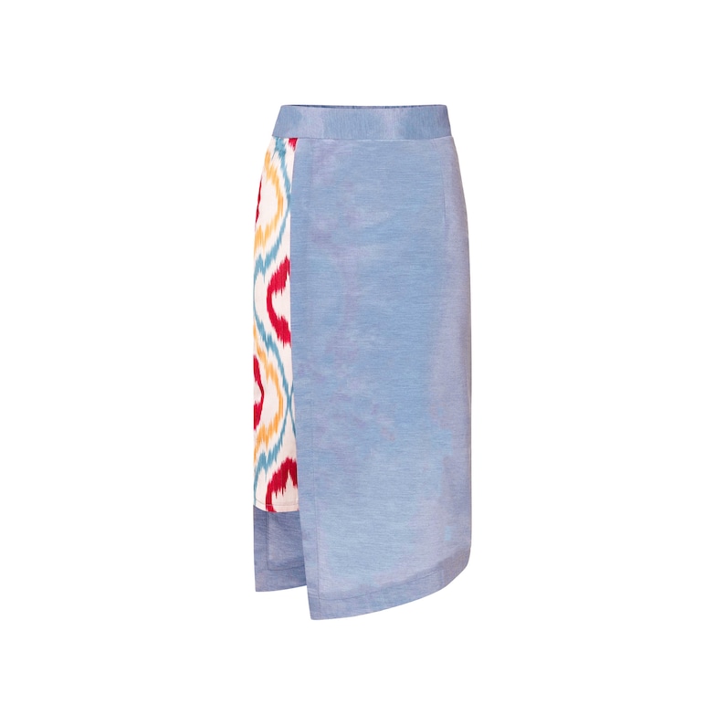 Asymmetrical Light Blue Midi Pencil Skirt - Colorful Ikat Knee Length ...