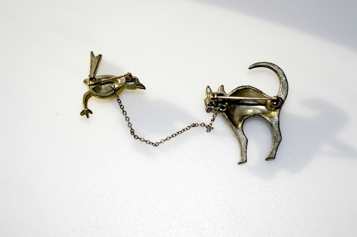 Coro ‘adolph Katz’ Cat Chasing Bird Chatelaine Double Pin With Enamel ...