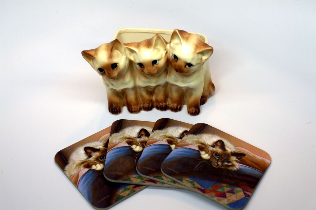 Adorable Vintage Siamese Cat Napo Coaster Set Holder /planter - Etsy