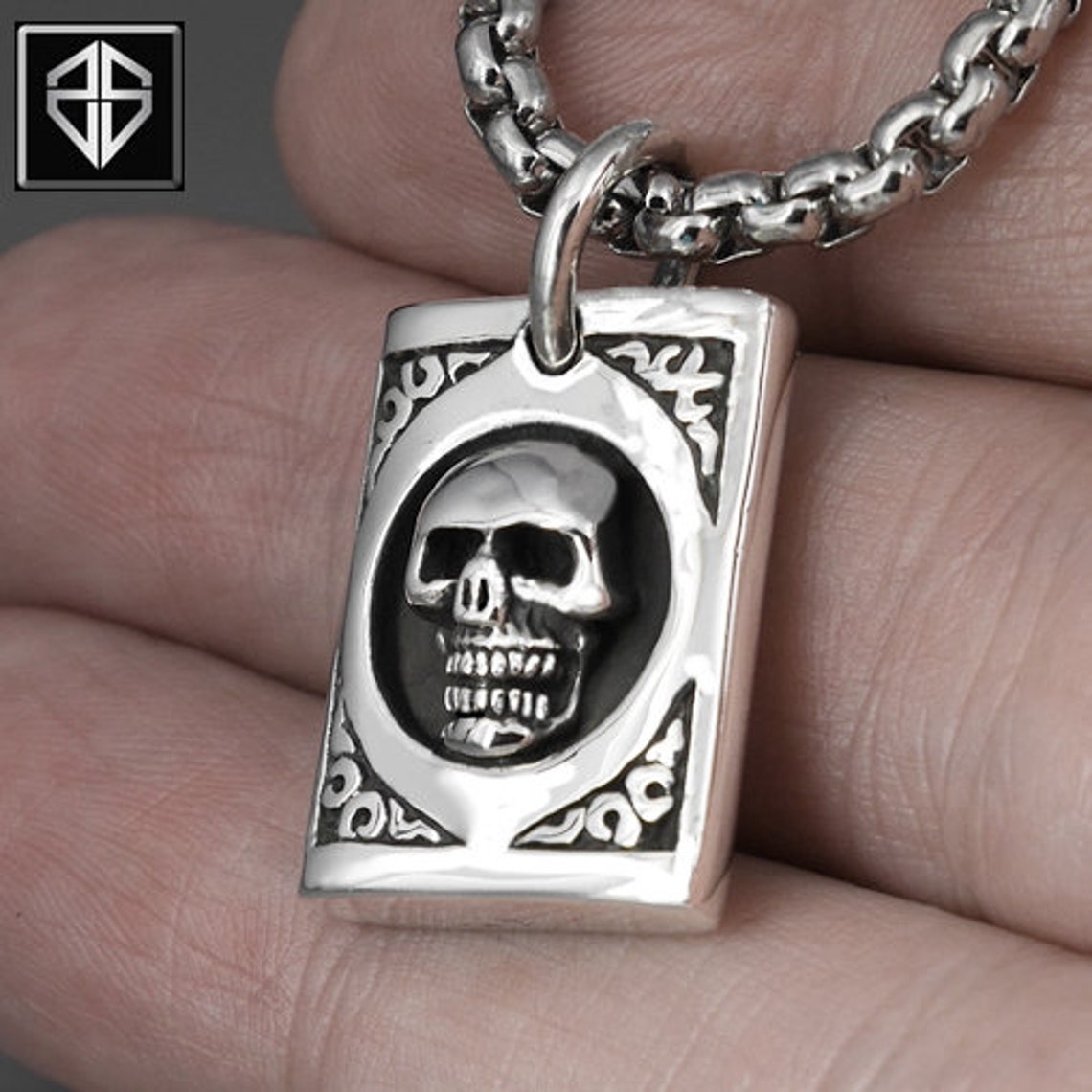 Skull Charm Dog Tag Pendant 925 Sterling Silver Biker Amulet - Etsy