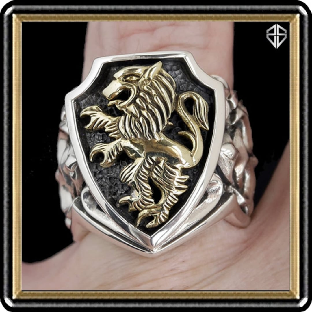 Lion Ring Medieval Rampant Lion Gladiators Crest Ring in 925 Sterling ...