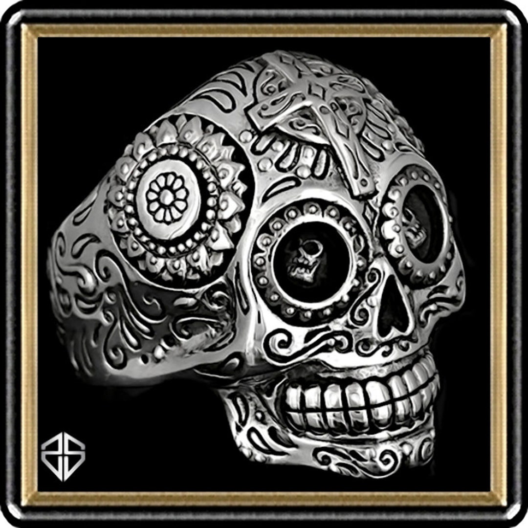 Day of the Dead Skull Ring Sugar Skull Heavy Mens Biker Memento Mori ...