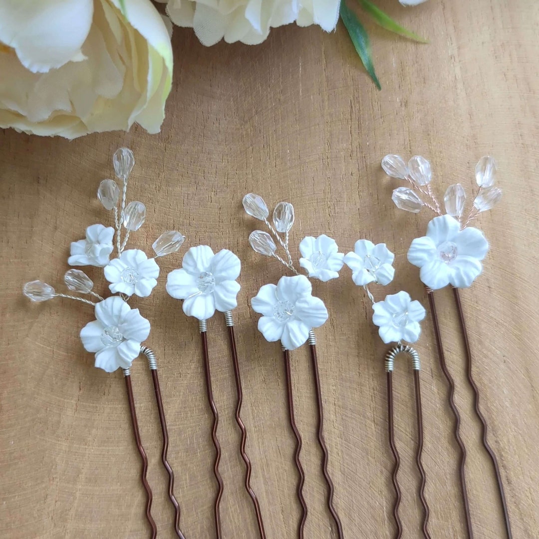 White Cold Porcelain Flowers and Crystals Wedding Hair Pins, Set of ...