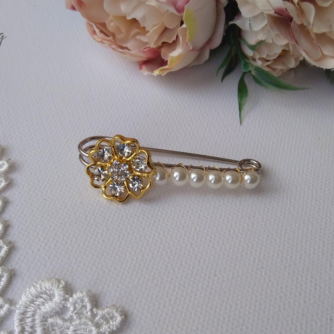 Pearl Wedding Train Pin, Bridal Dress Train Clip, Floral Rhinestone ...